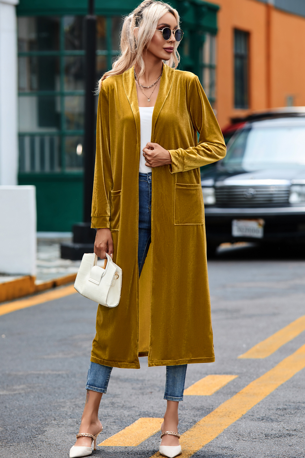 $ 14.7 - Yellow Velvet Open Front Pocketed Long Duster - ds.dear-lover.com