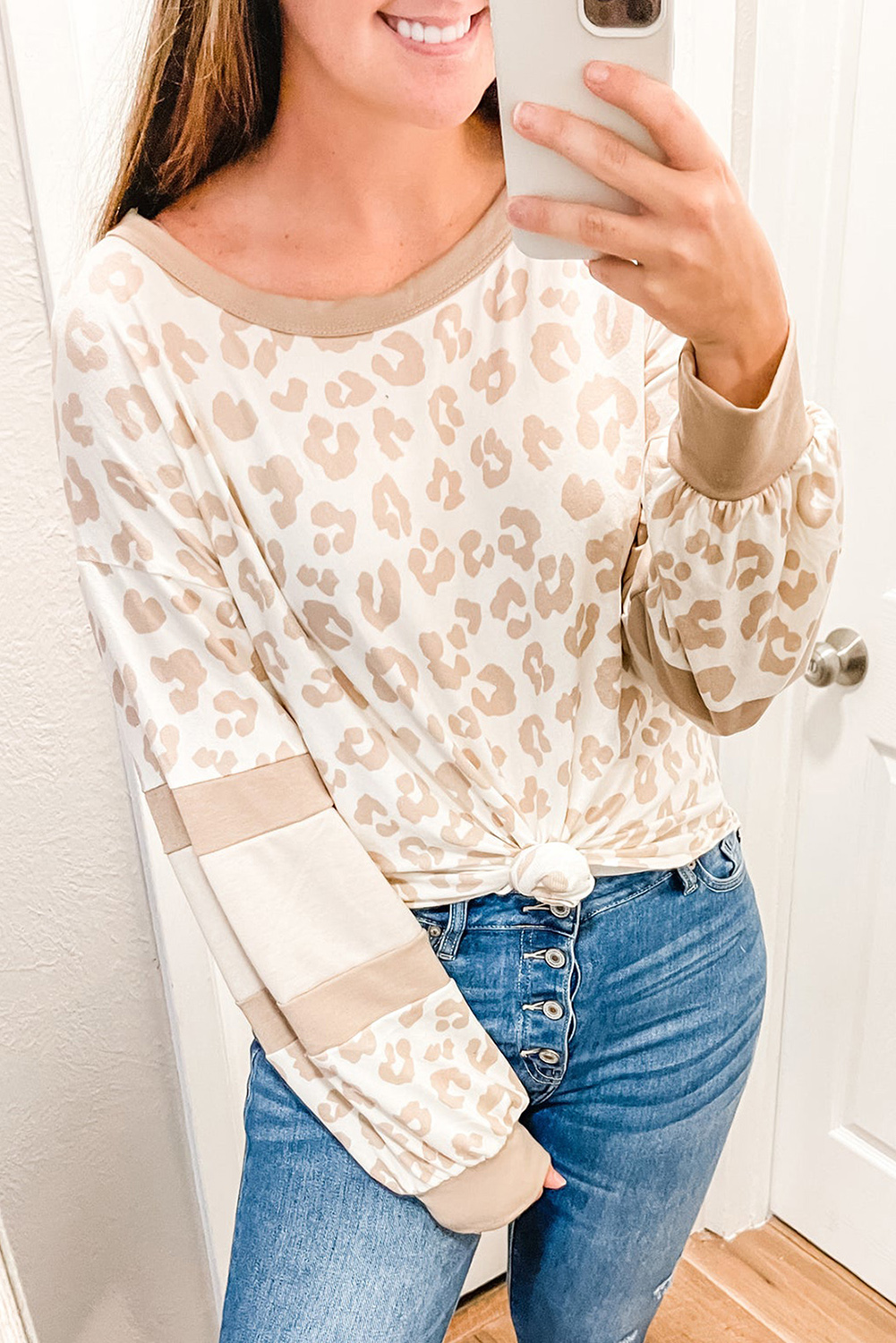 $ 7.5 - White Leopard Print Round Neck Puff Sleeve Top - ds.dear-lover.com