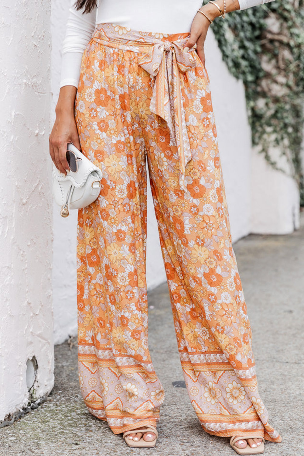 $ 10.64 - Grapefruit Orange Tie Waist Boho Floral Wide Leg Pants - ds ...