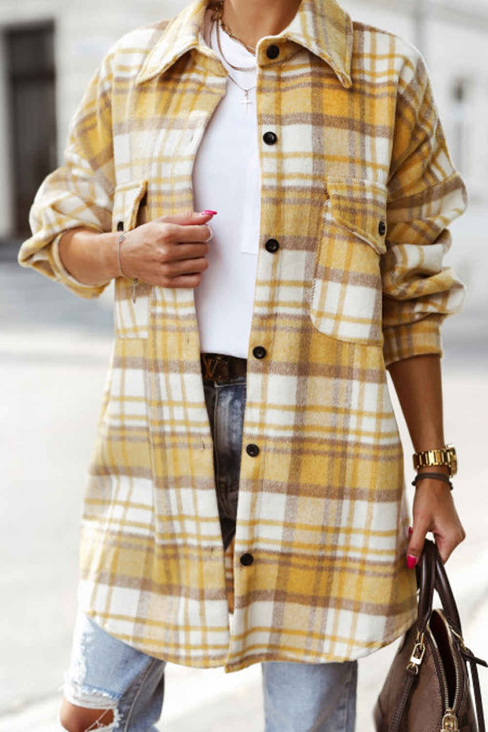 $ 16.85 - Yellow Plaid Flap Pocket Long Sleeve Shacket - ds.dear-lover.com