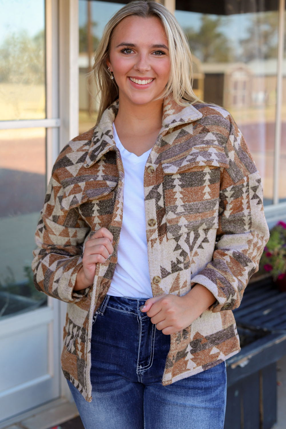 $ 17.25 - Brown Aztec Print Flap Pocket Button-up Jacket - ds.dear ...