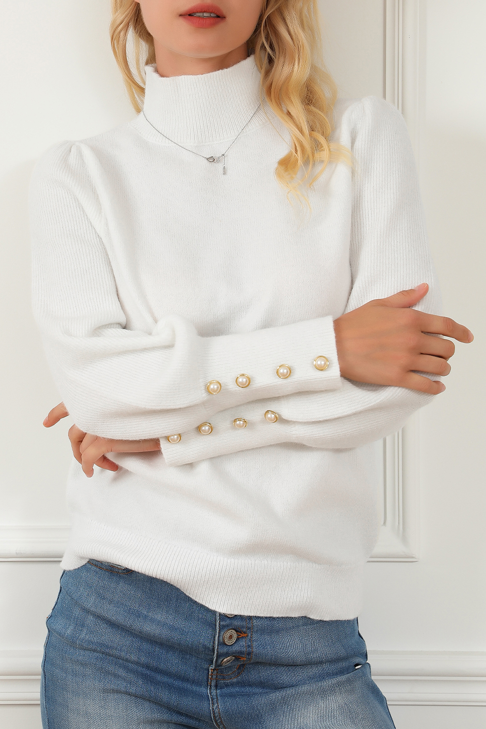 $ 15.74 - White Button Ribbed Puff Sleeve High Neck Sweater - ds.dear ...