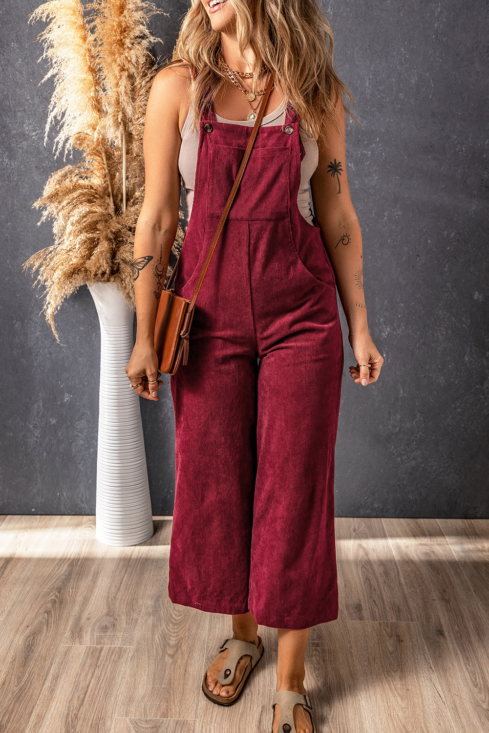 $ 14.1 - Fiery Red Solid Color Corduroy Wide Leg Bib Overalls - ds.dear ...