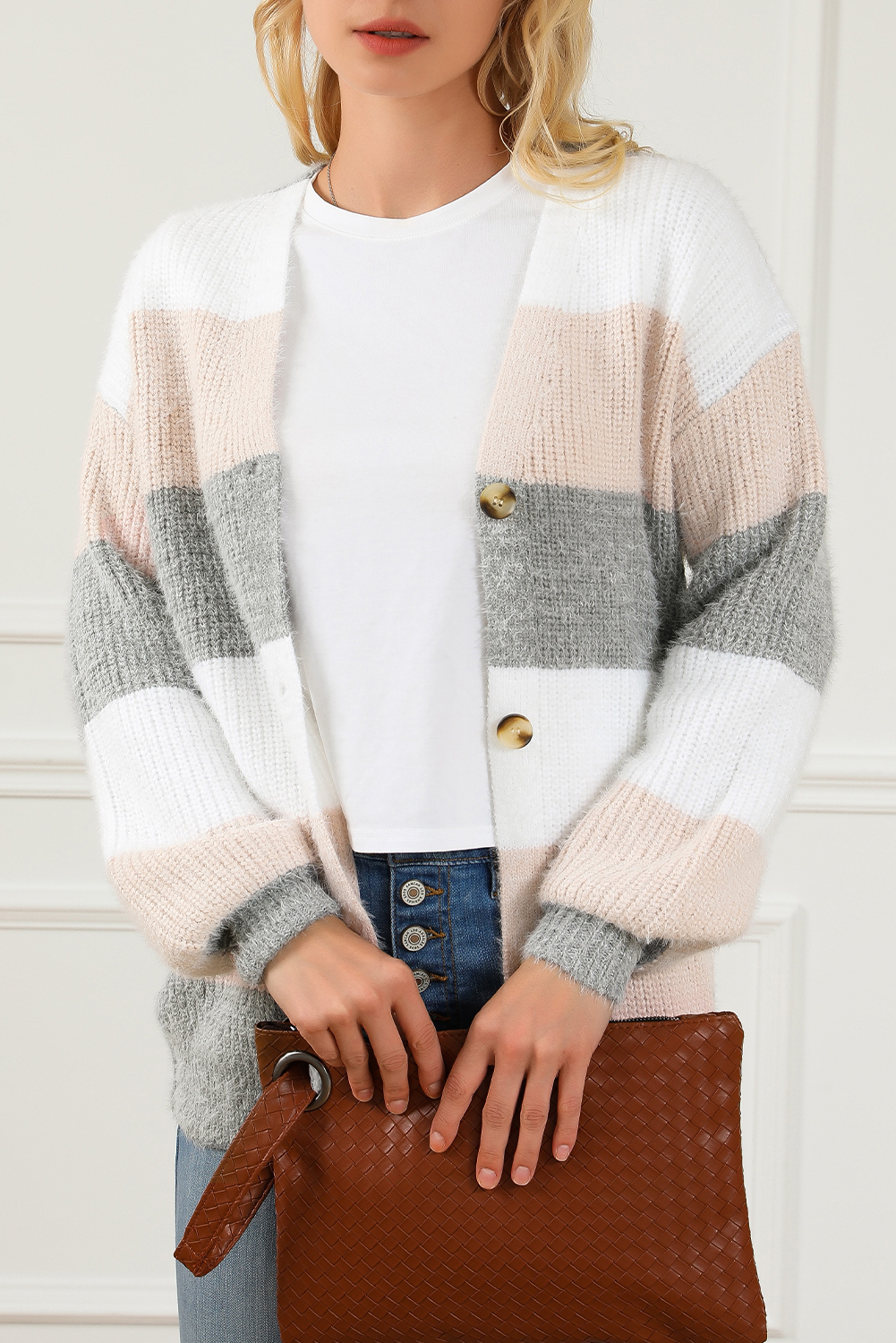 $ 16.59 - Stripe Color Block Button Front Fuzzy Knit Cardigan - ds.dear ...