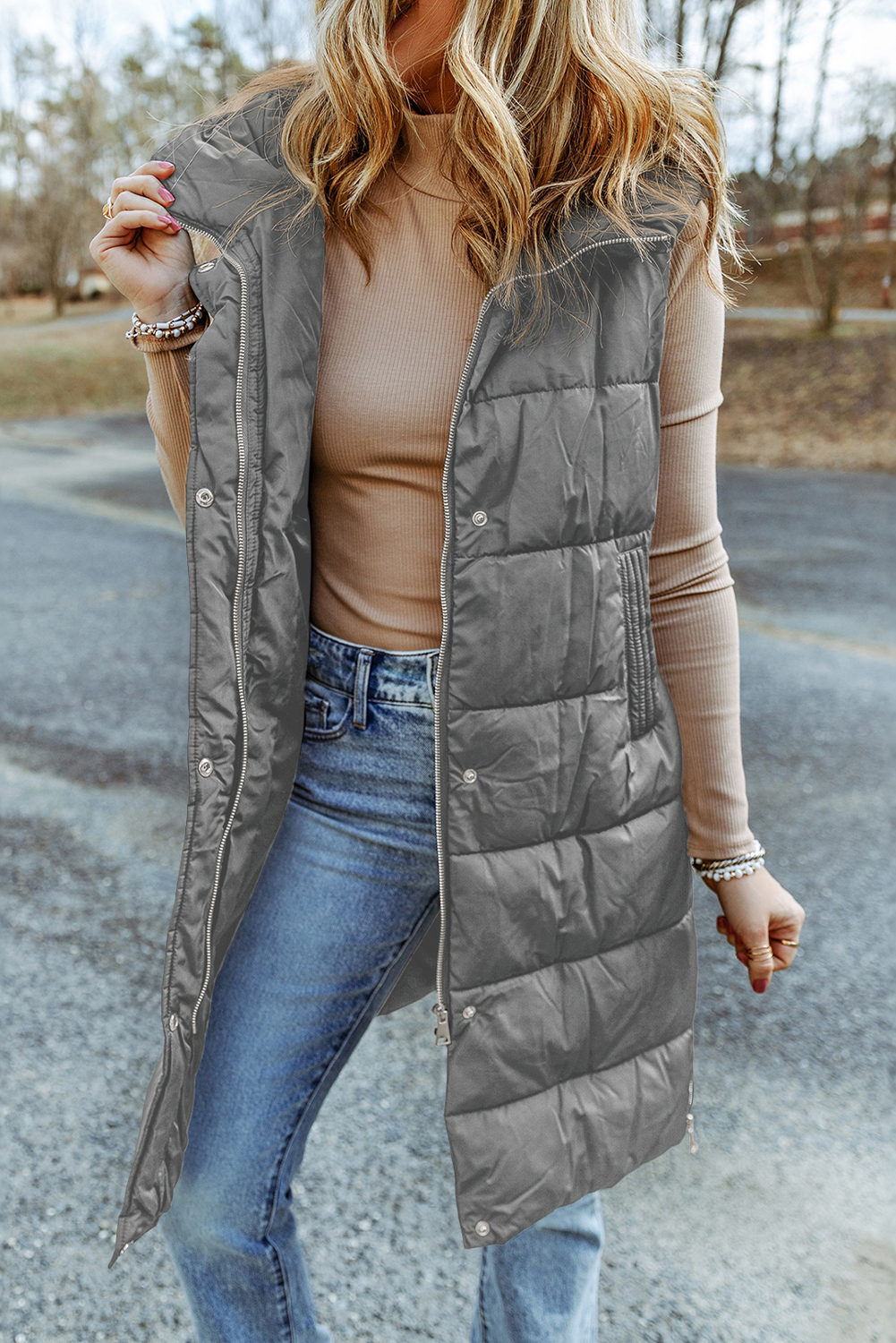 $ 29.7 - Dark Grey Hooded Long Quilted Vest Coat - ds.dear-lover.com