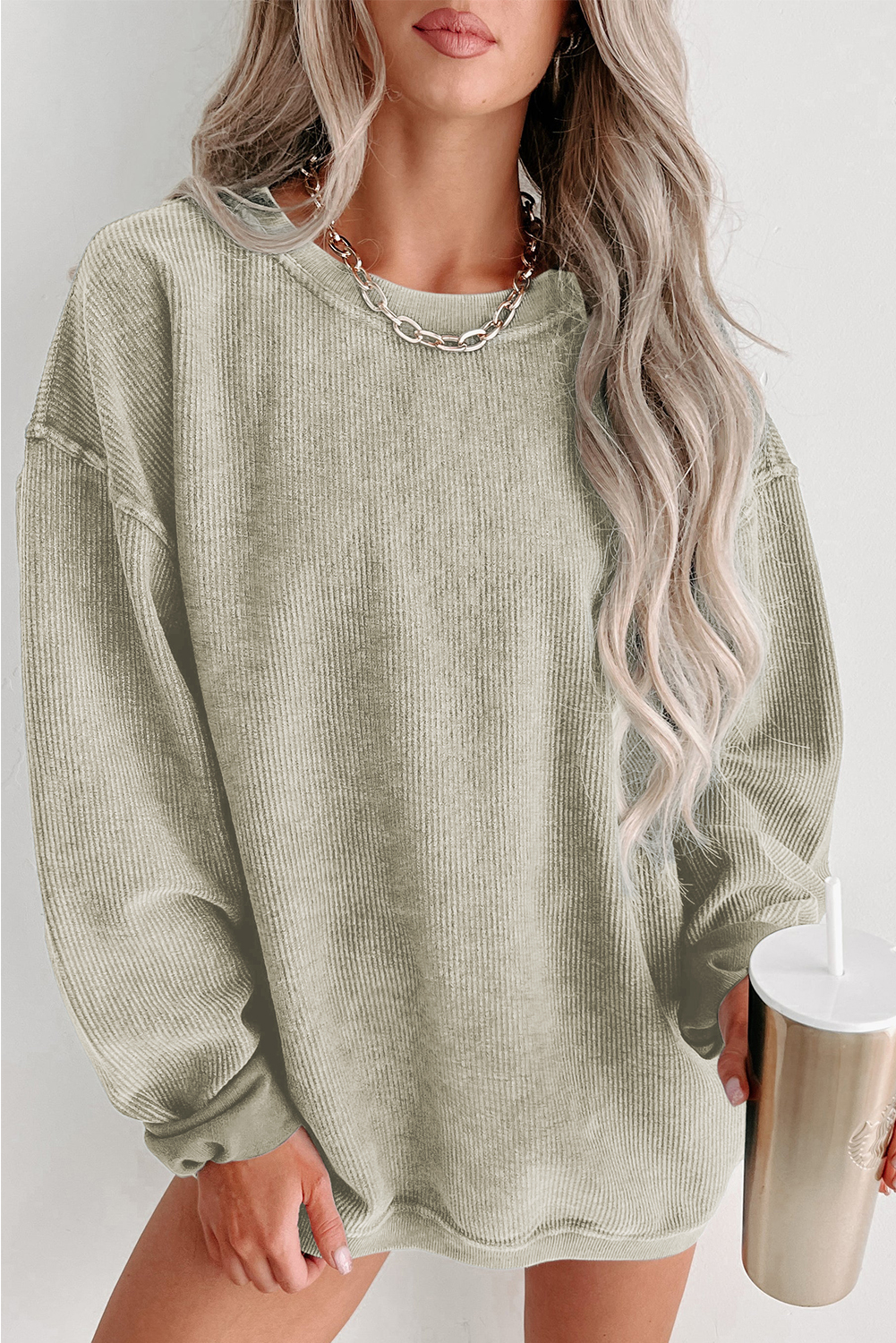 $ 13.47 - Green Solid Ribbed Knit Round Neck Pullover Sweatshirt - ds ...