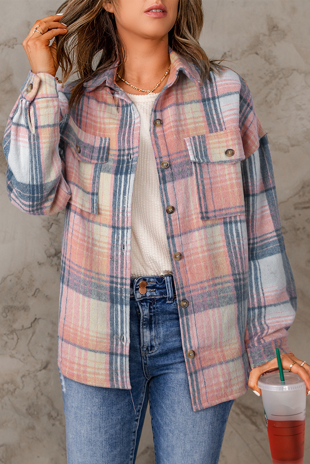 Women's Shacket - Pink Plaid Flap Pockets Shacket