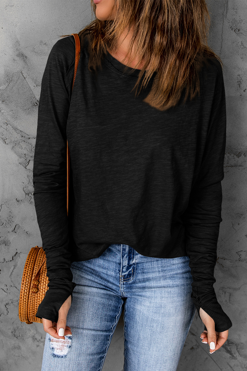 $ 10.2 - Black Solid Crew Neck Long Sleeve Top - ds.dear-lover.com