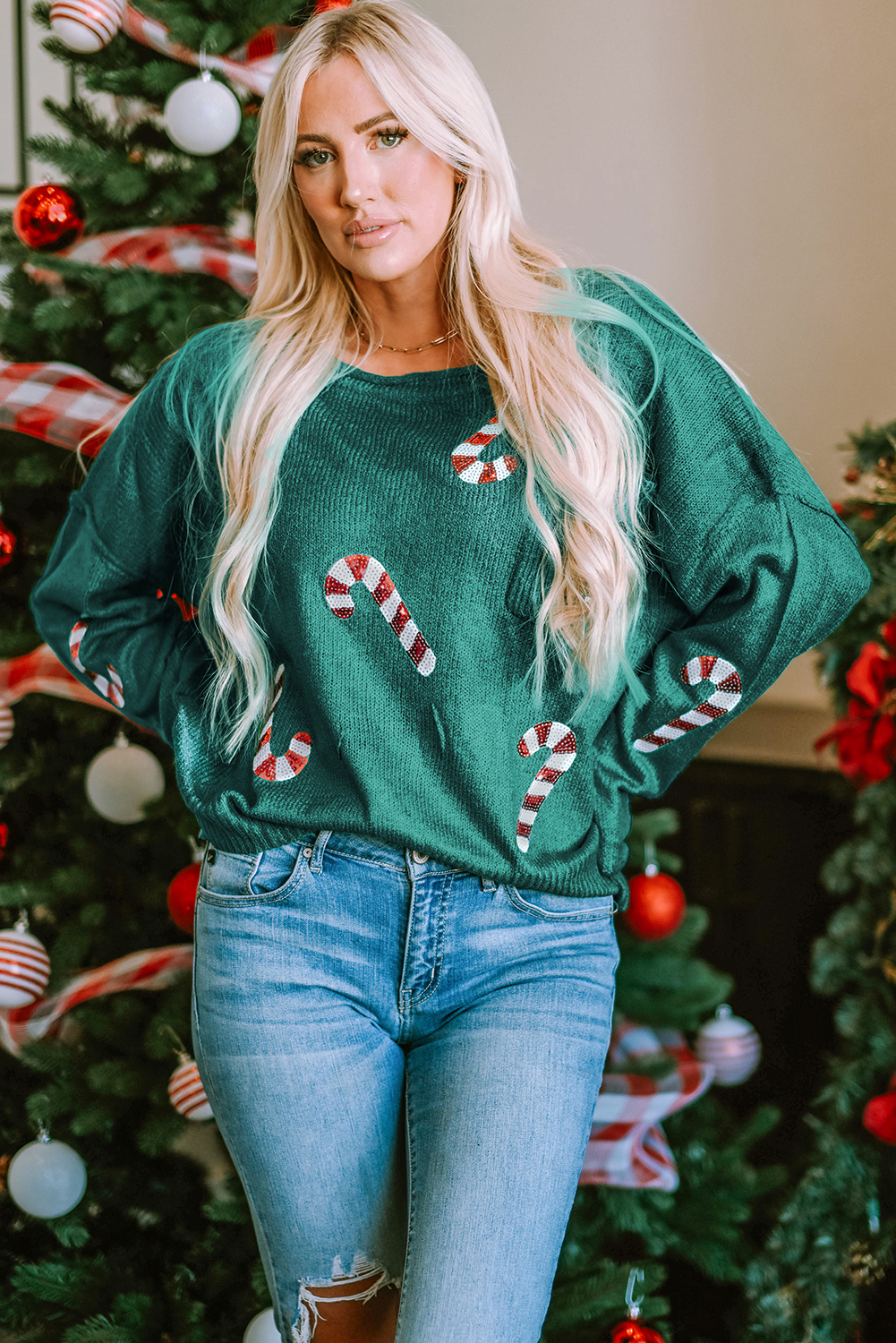 $ 14.76 - Green Sequined Candy Canes Gingerbread Man Sweater - ds.dear ...