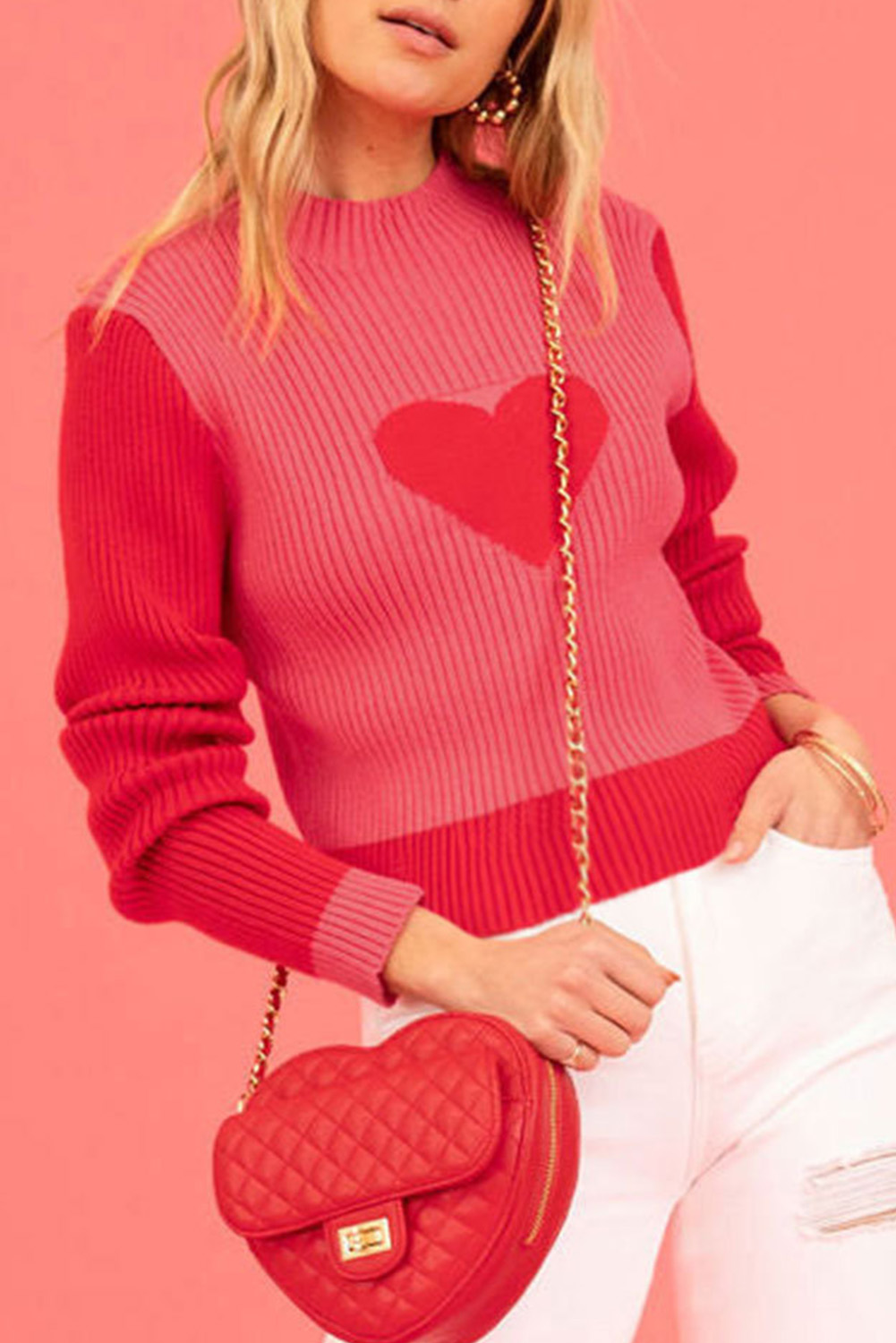 $ 18.42 - Fiery Red Mock Neck Colorblock Valentine Heart Ribbed Sweater ...