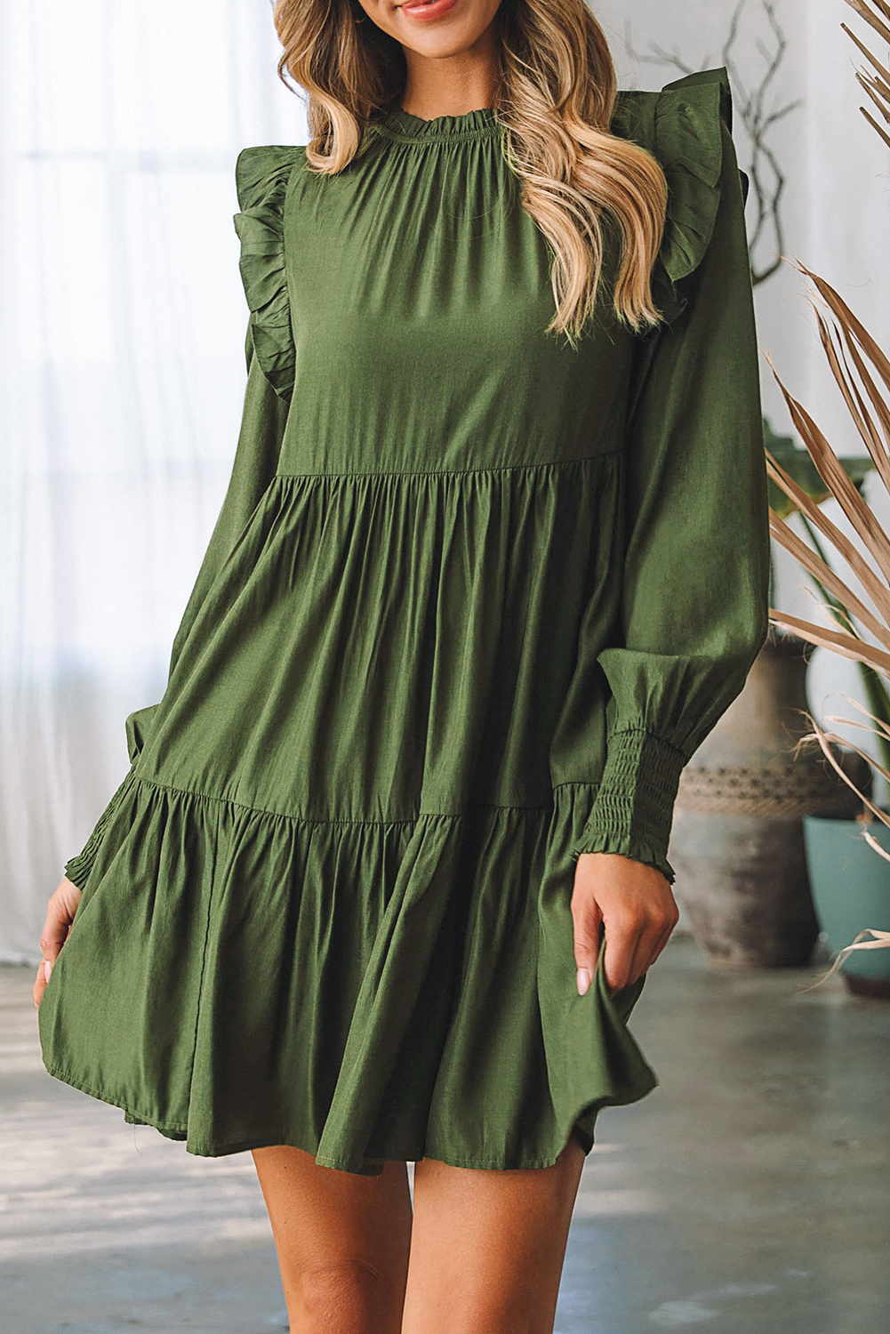 $ 11.75 - Moss Green Ruffled High Waist Long Sleeve Mini Dress - ds ...