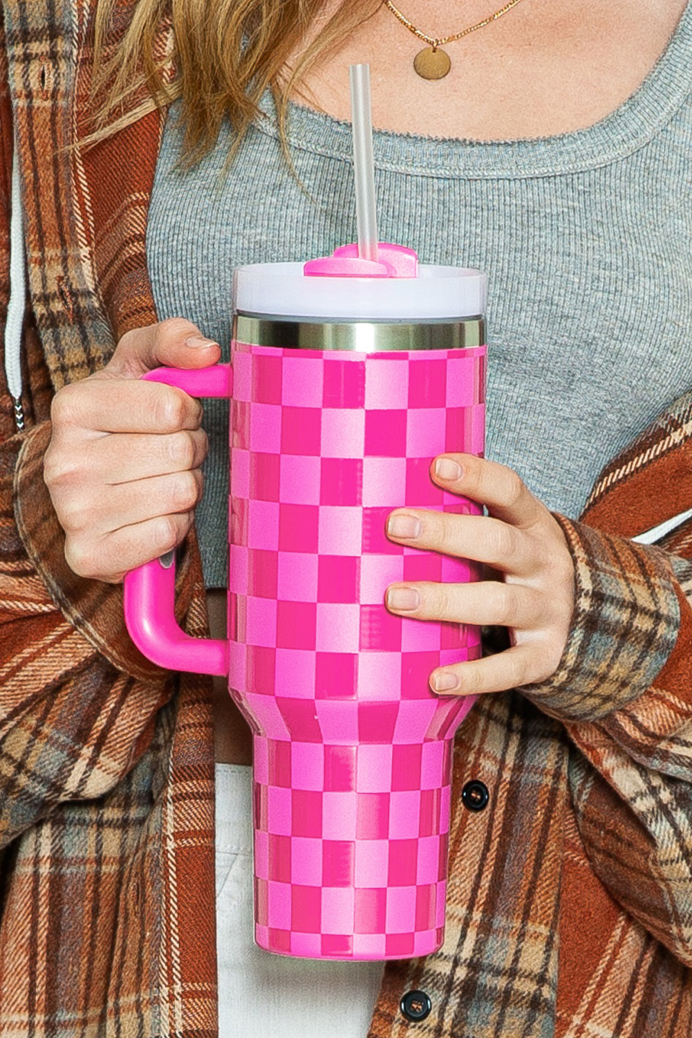 $ 11.07 - Bright Pink Checkered Print Handled Stainless Steel Tumbler ...