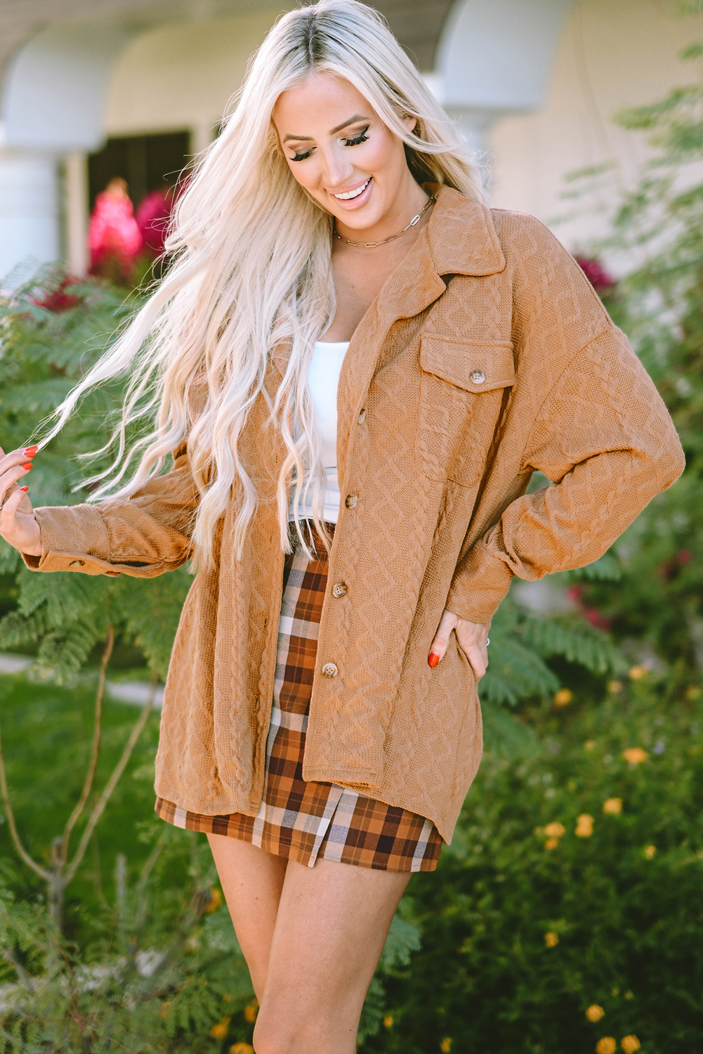 $ 18.54 - Camel Cable Knit Flap Pocket Shacket - ds.dear-lover.com