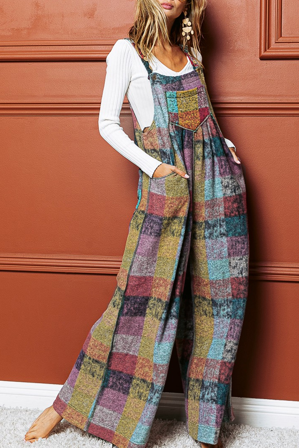 $ 16.08 - Multicolour Brushed Checkered Wide Leg Overalls - ds.dear ...