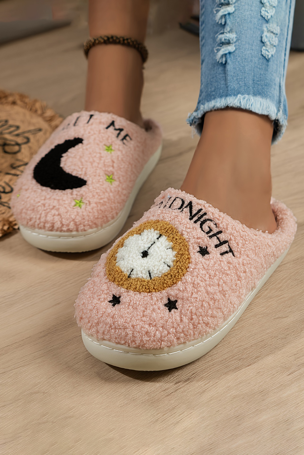$ 5.39 - Light Pink Moon & Clock Pattern Fuzzy Home Slippers - ds.dear ...