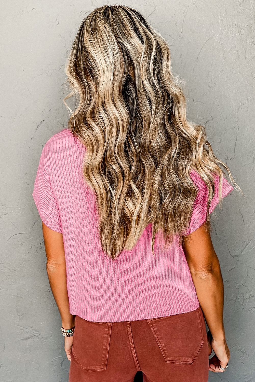 $ 12.79 - Pink Patch Pocket Ribbed Knit Short Sleeve Sweater - ds.dear ...