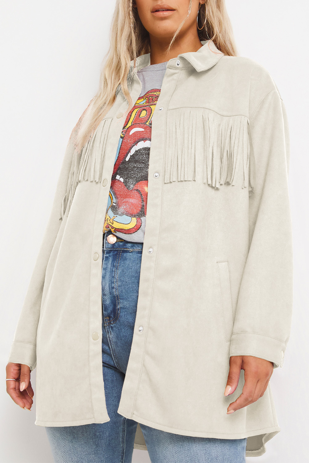 $ 22.47 - White Fringe Trim Plus Size Suede Shacket - ds.dear-lover.com