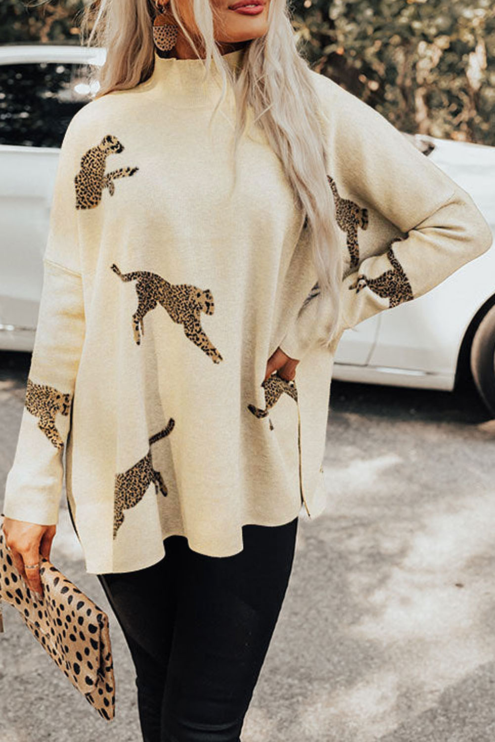 $ 18.55 - Parchment Lively Cheetah Print High Neck Split Hem Sweater ...