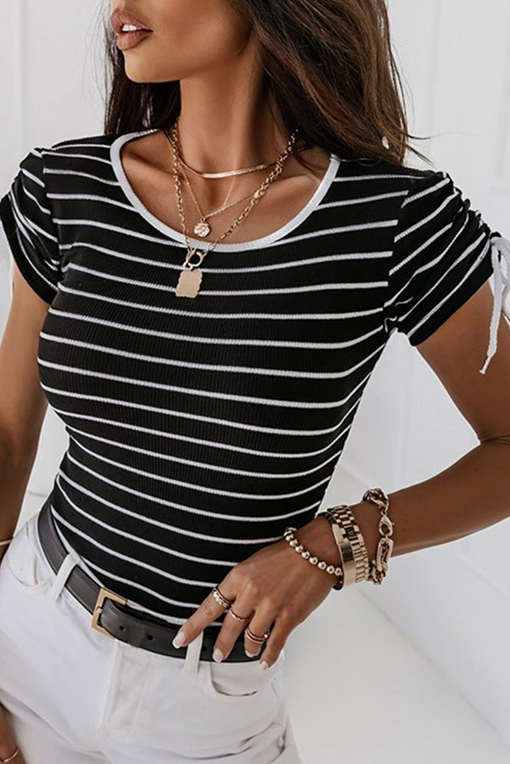 $ 5.82 - Black Striped Drawstring Sleeve Contrast Neckline T Shirt - ds ...