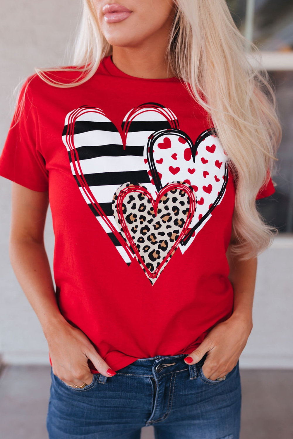 $ 9.98 - Red Leopard Striped Heart Shaped Print Crew Neck T Shirt - ds ...
