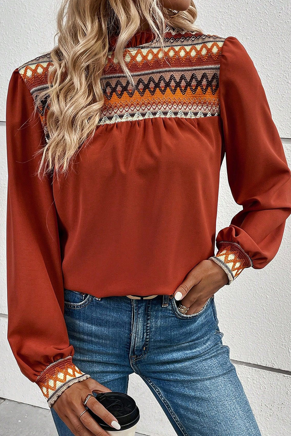 $ 8.91 - Red Clay Western Geometric Print Bubble Sleeve Frilled Neck ...