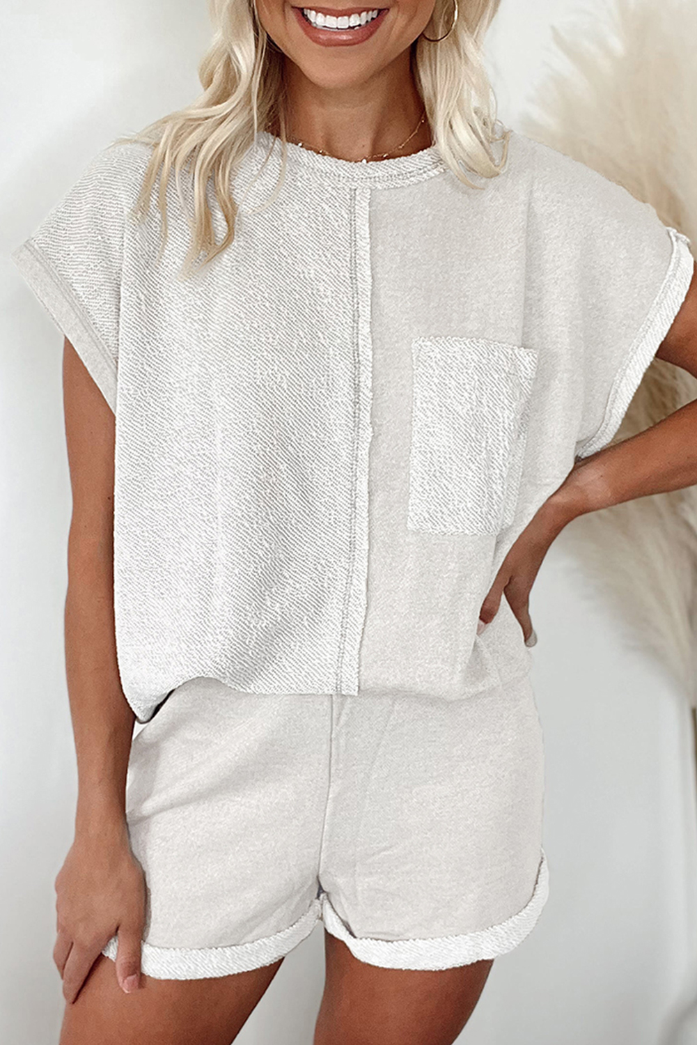 $ 13.28 - Khaki Colorblock Chest Pocket Exposed Seam Tee and Shorts Set ...