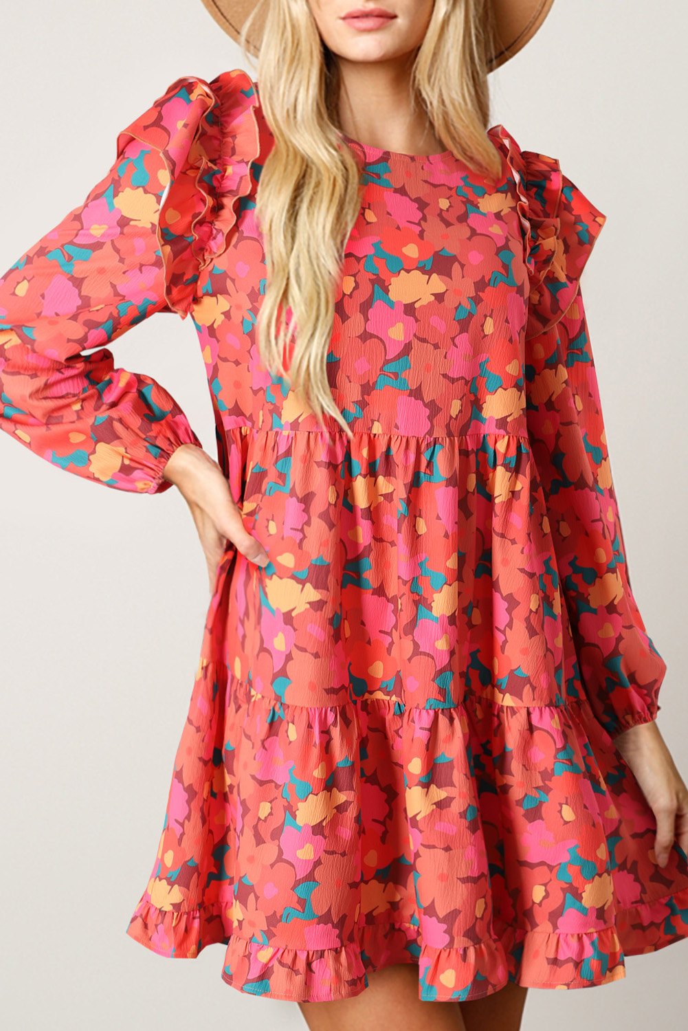 $ 16.85 - Rose Red Ruffle Shoulder Long Sleeve Floral Mini Dress - ds ...