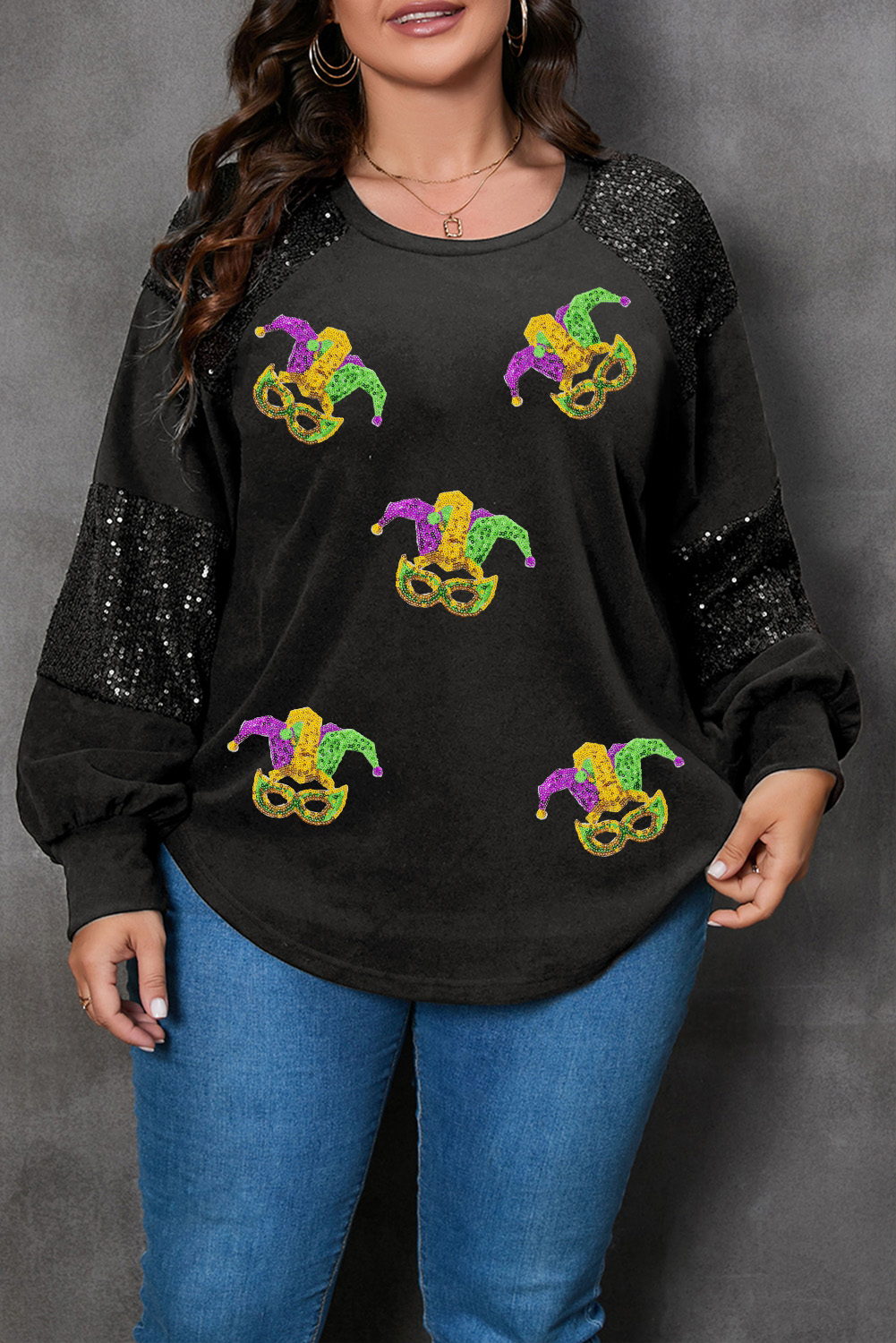 $ 16.13 - Black Mardi Gras Mask Plus Size Sequin Sleeve Top - ds.dear ...