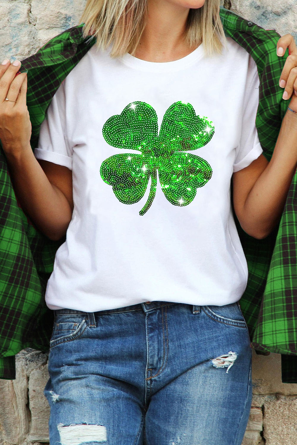 $ 8.76 - White Sequin Clover Patch Graphic St Patrick Fashion Tee - ds.dear-lover.com