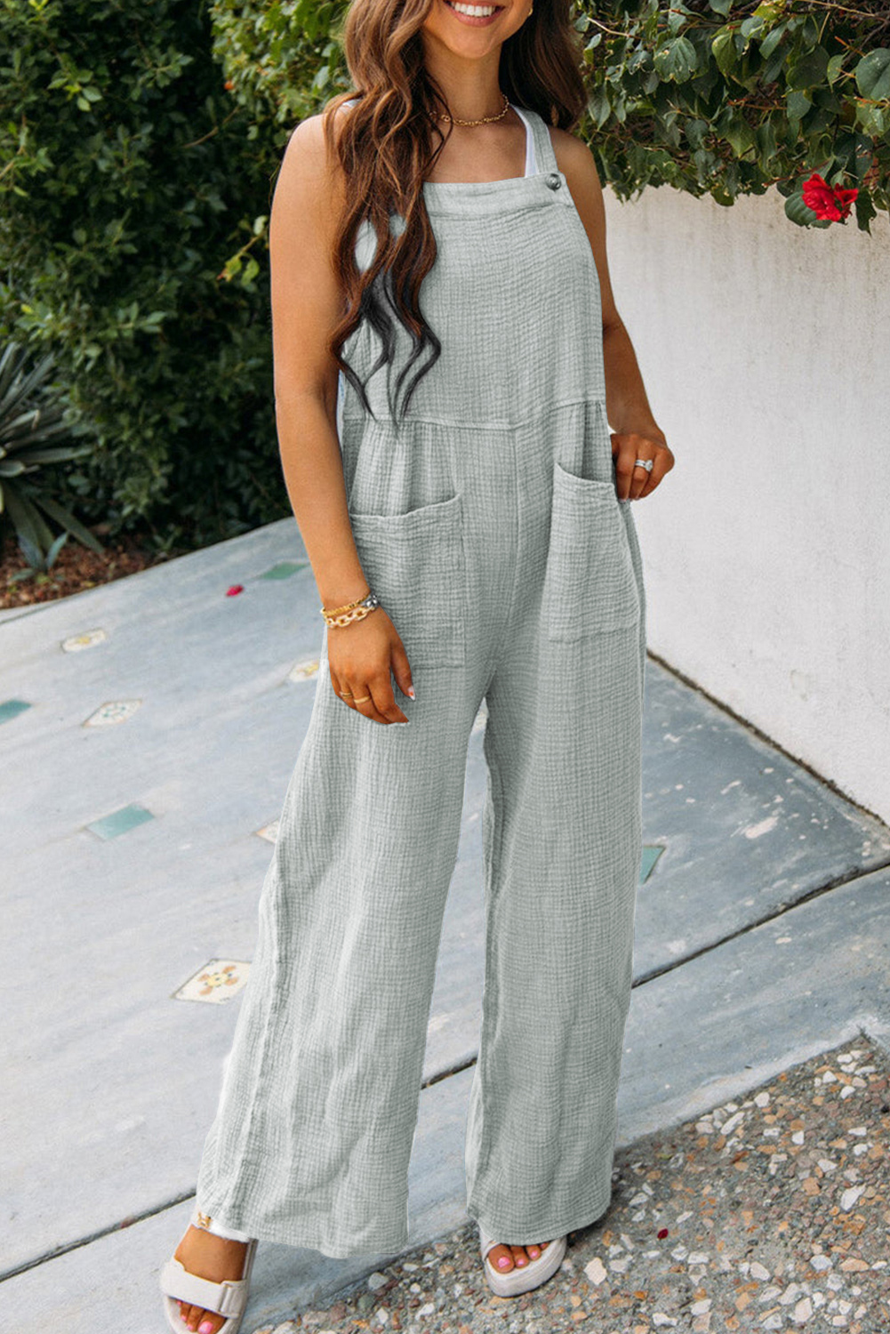 $ 15.75 - Gray Textured Wide Leg Overall with Pockets - ds.dear-lover.com