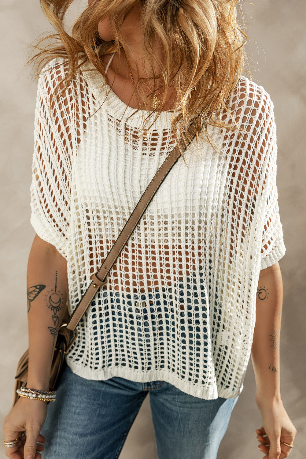 $ 12.21 - Whit Fishnet Knit Ribbed Round Neck Short Sleeve Sweater Tee ...