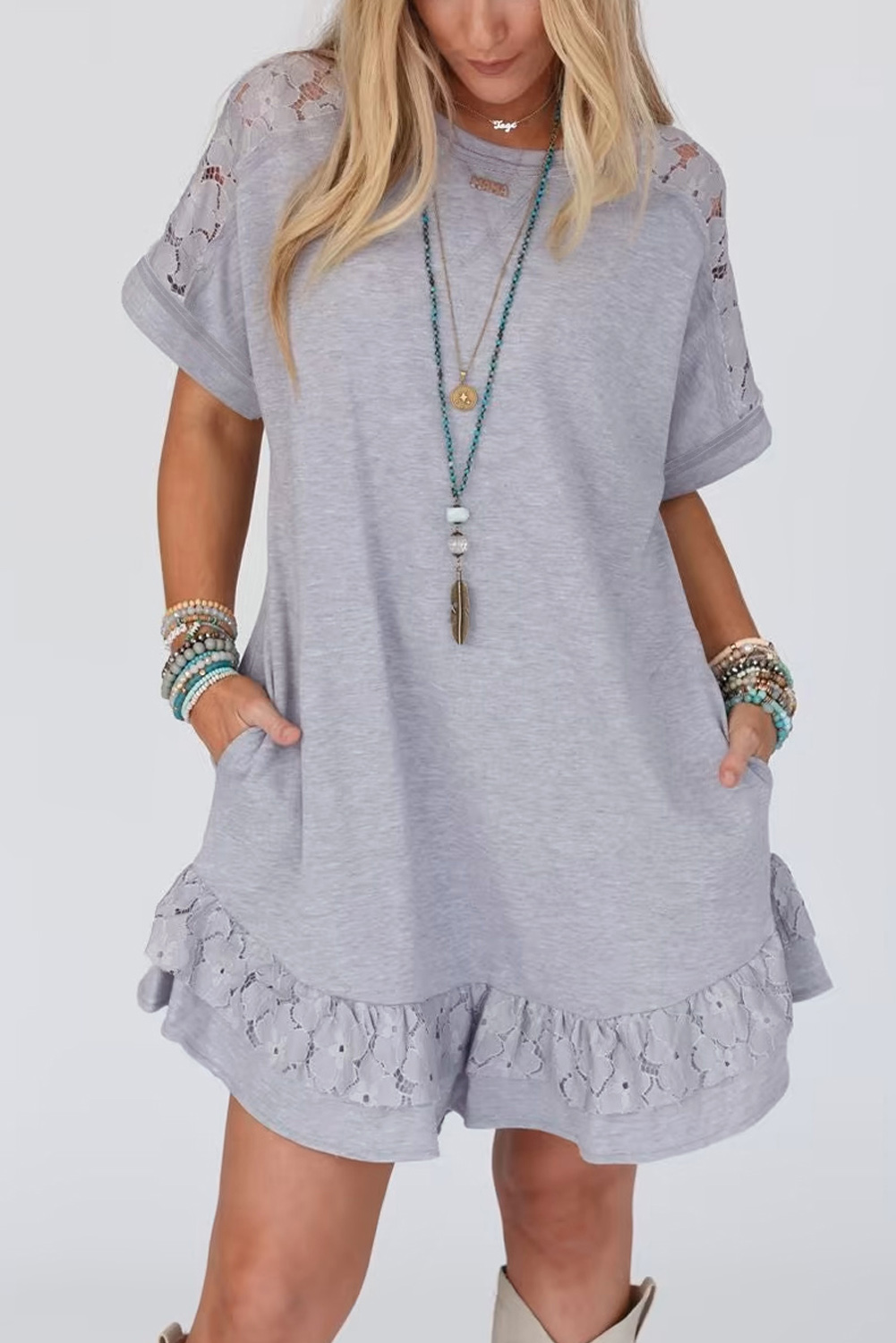 $ 12.21 - Light Grey Lace Floral Patchwork Ruffled T-shirt Dress - ds ...