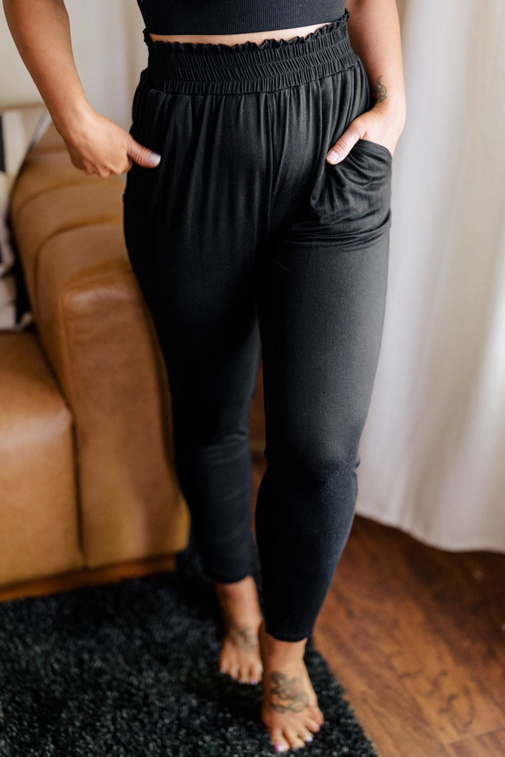 $ 8.01 - Black Plus Size Frill High Waist Pocketed Soft Pants - ds.dear-lover.com