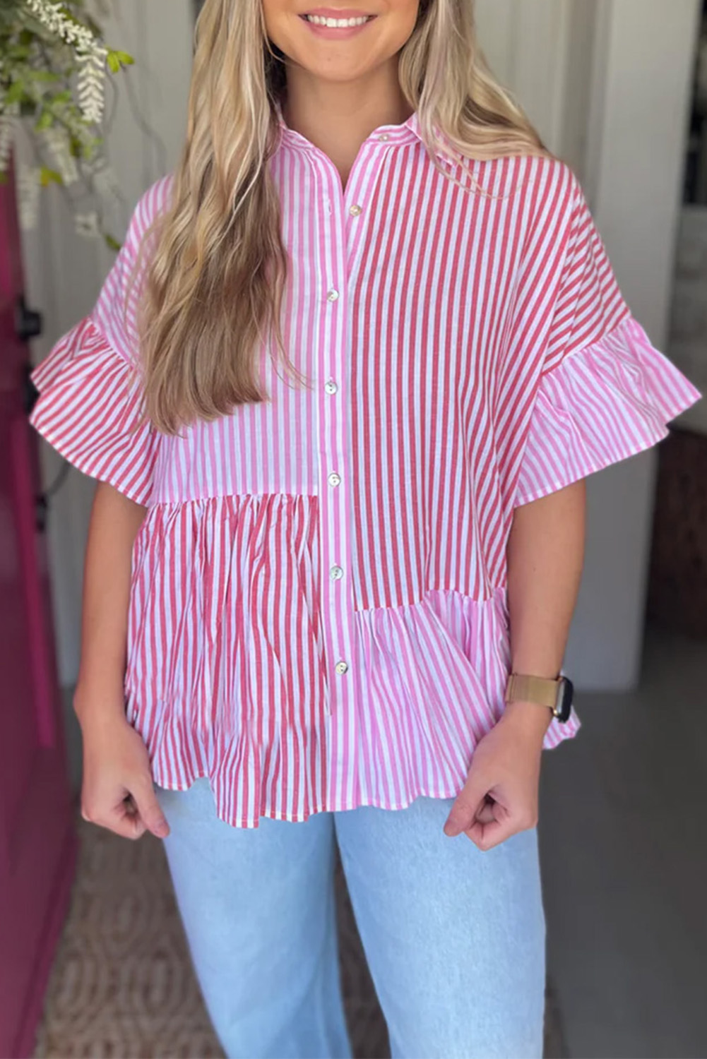 $ 10.35 - Pink Stripe Striped Patchwork Ruffled Hem Button up Shirt ...