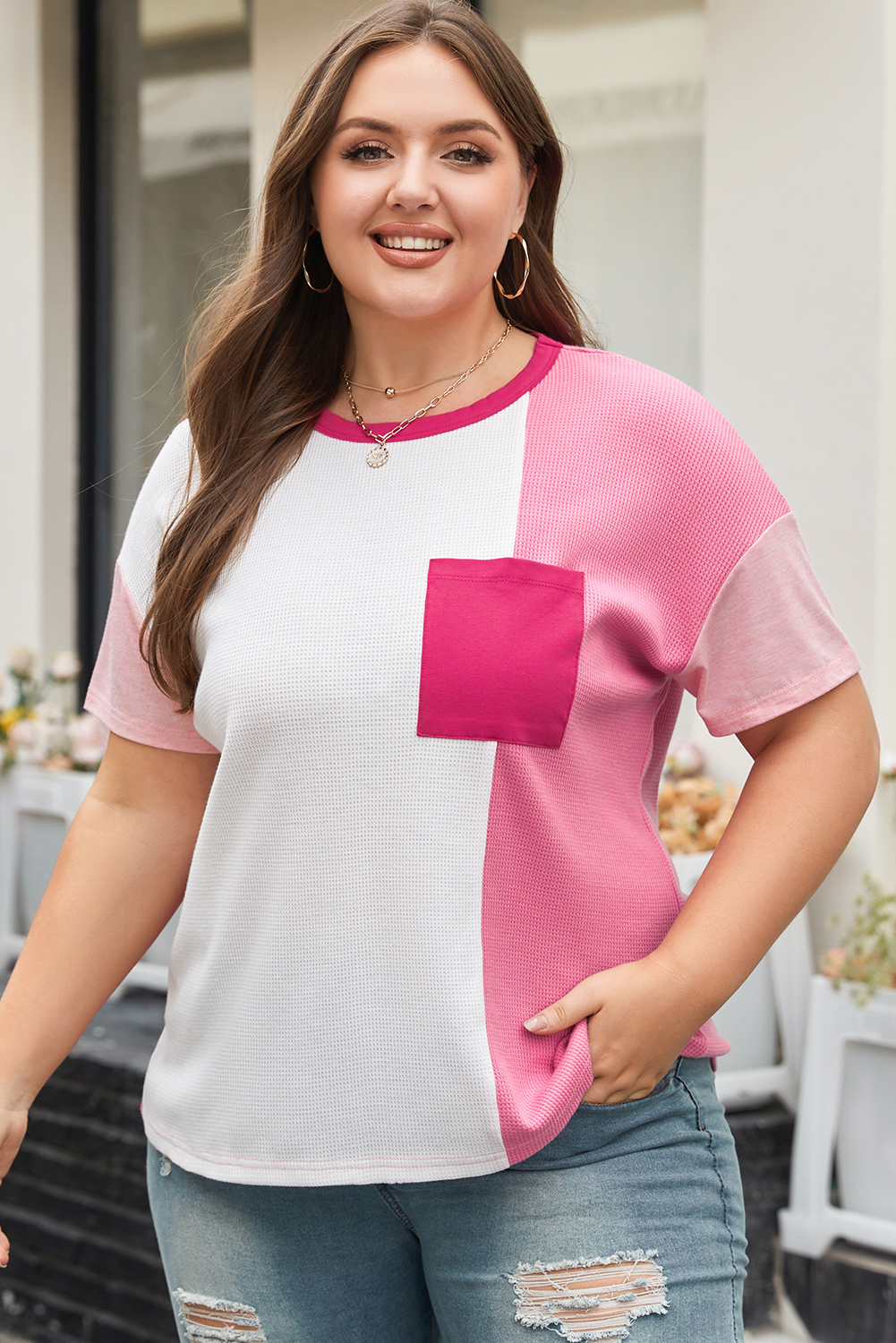 $ 7.62 - Peach Blossom Colorblock Patchwork Plus Size T-shirt - ds.dear ...