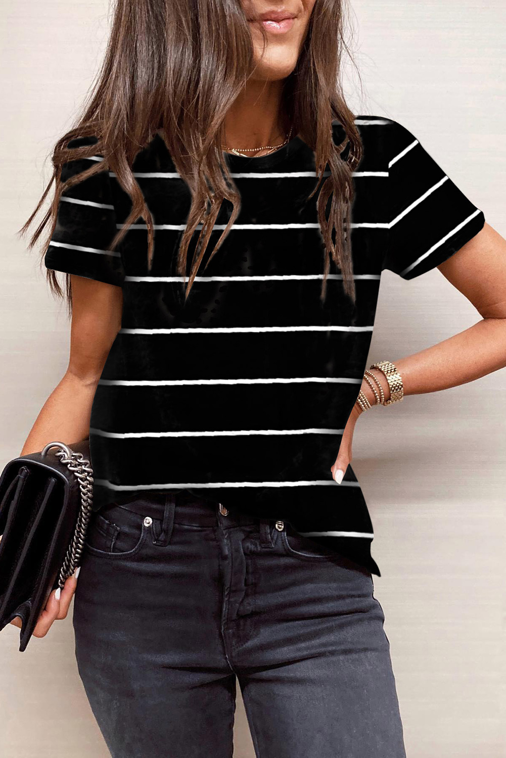 $ 4.8 - Black Round Neck Striped Print T-shirt - ds.dear-lover.com $ 4.8 - Black Round Neck Striped Print T-shirt - ds.dear-lover.com