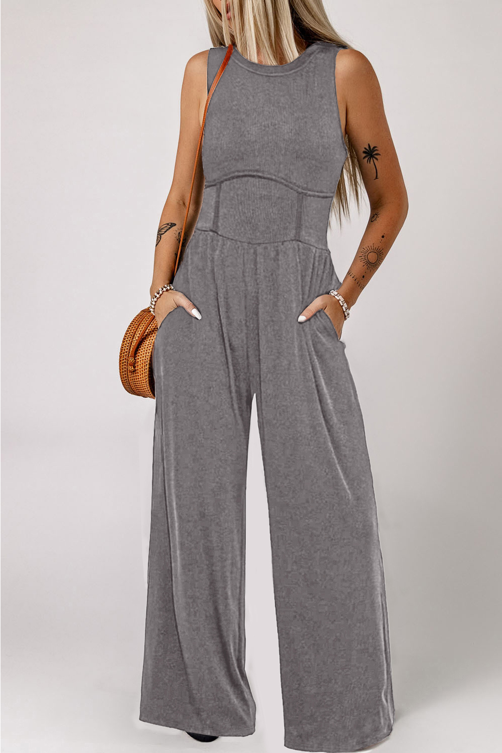 $ 17.91 - Medium Grey Cinched Waist Sleeveless Wide Leg Jumpsuit - ds ...