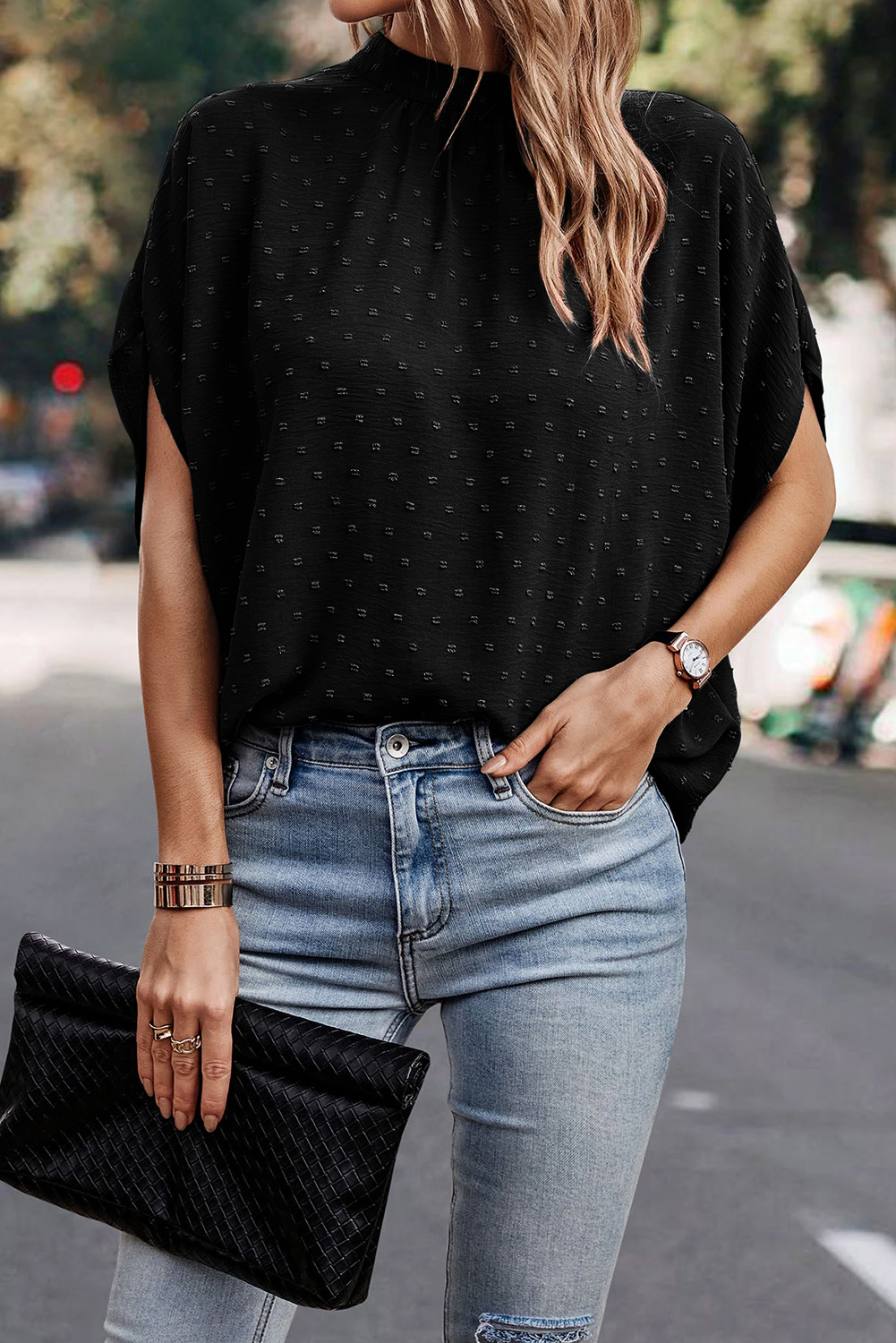 $ 7.26 - Black Swiss Dot Mock Neck Batwing Sleeve Blouse - ds.dear-lover.com