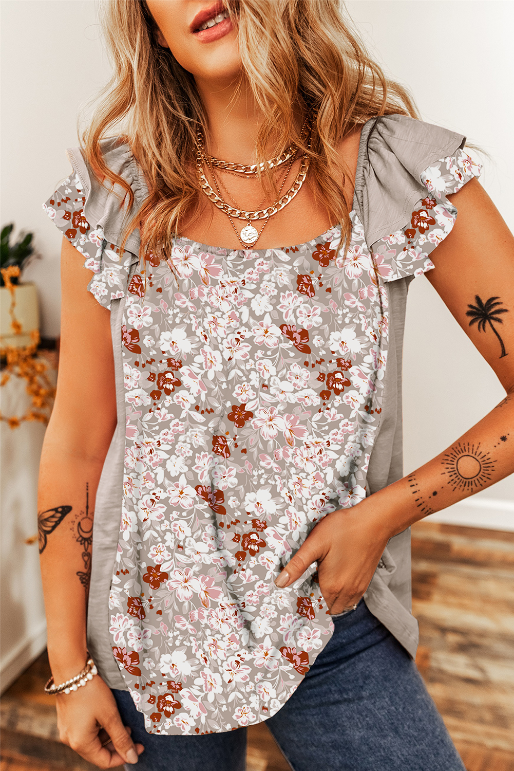 7 38 Gray Floral Patchwork Square Neck Ruffle Sleeve Blouse Ds