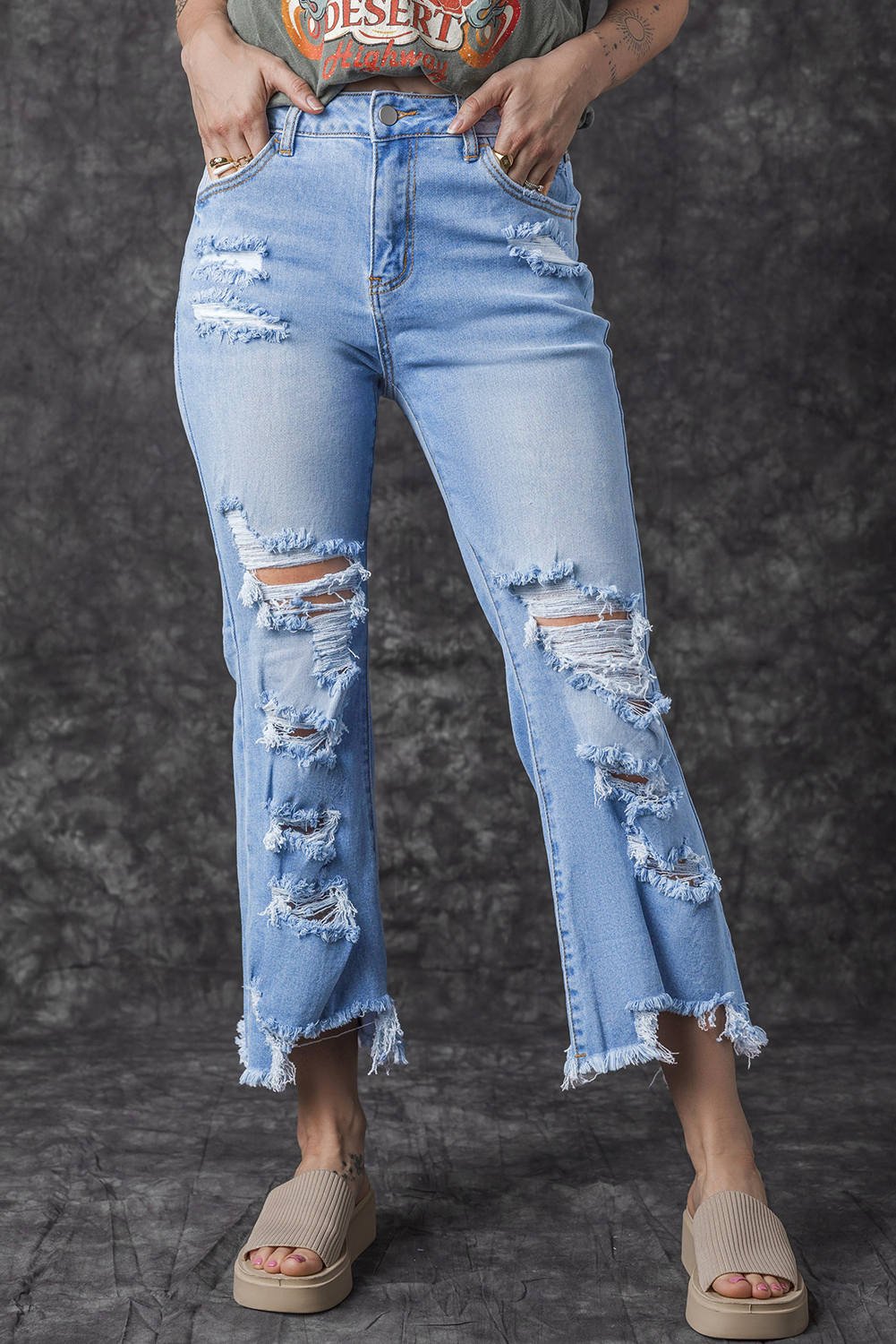 $ 20.79 - Sky Blue Heavy Destroyed High Waist Jeans - ds.dear-lover.com