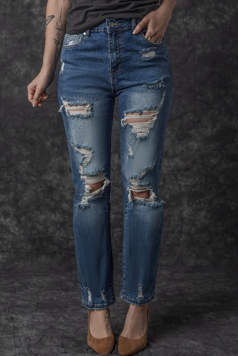 $ 20.4 - Blue Vintage Distressed Boyfriend Ripped Jeans - ds.dear-lover.com
