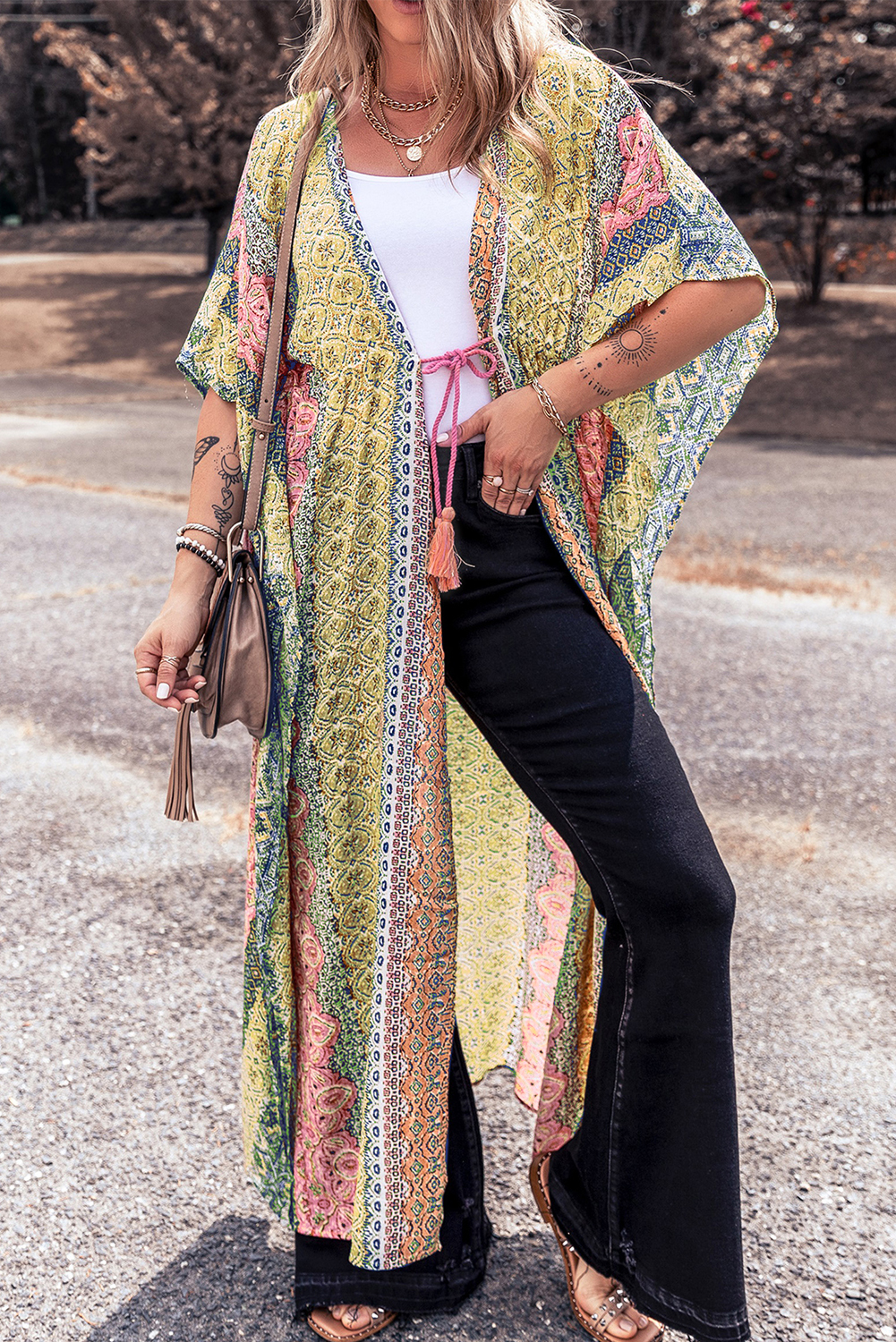 $ 14.46 - Pink Retro Printed Boho Duster Kimono - ds.dear-lover.com