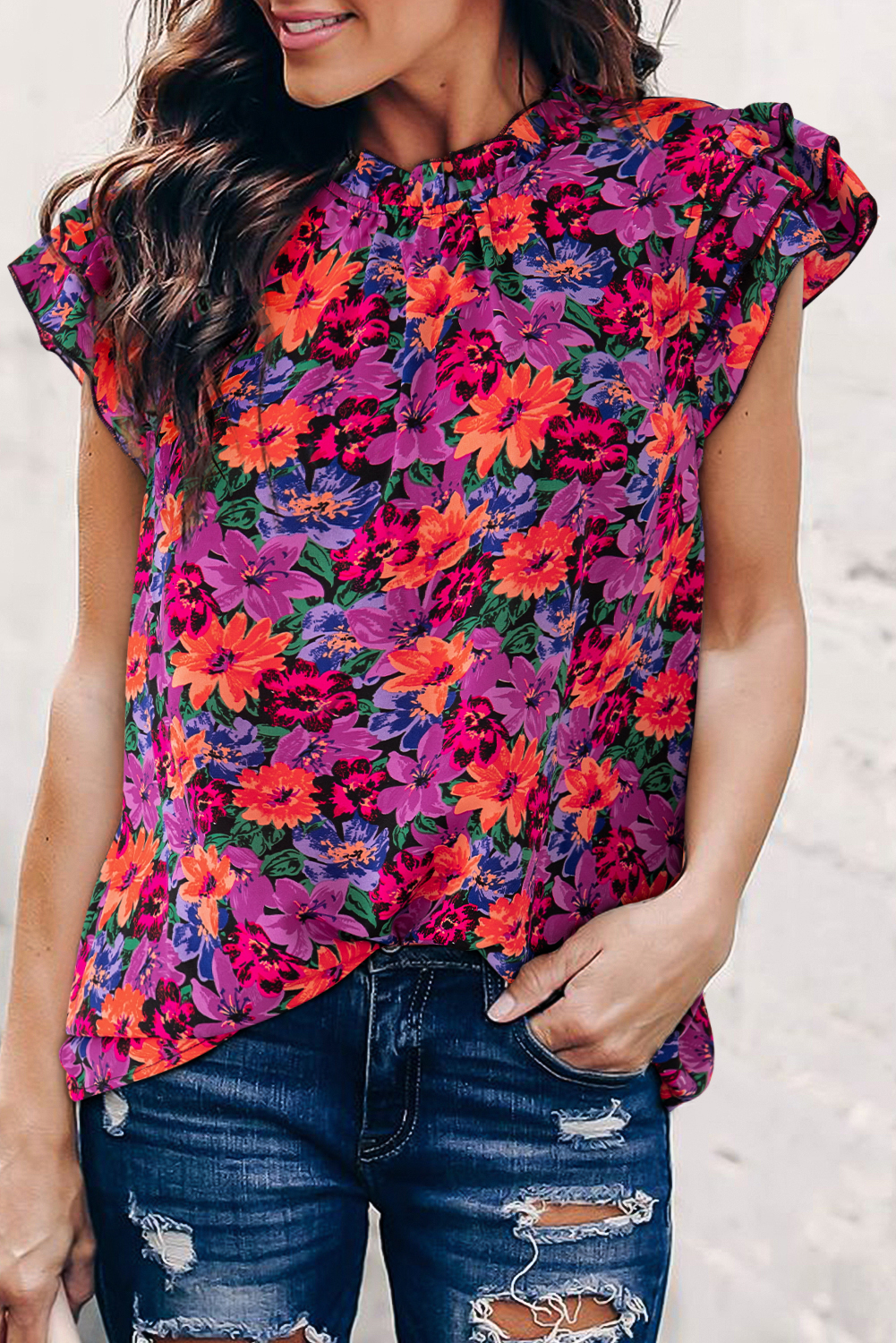 $ 7.01 - Multicolour Floral Print Tiered Ruffled Sleeve Blouse - ds ...