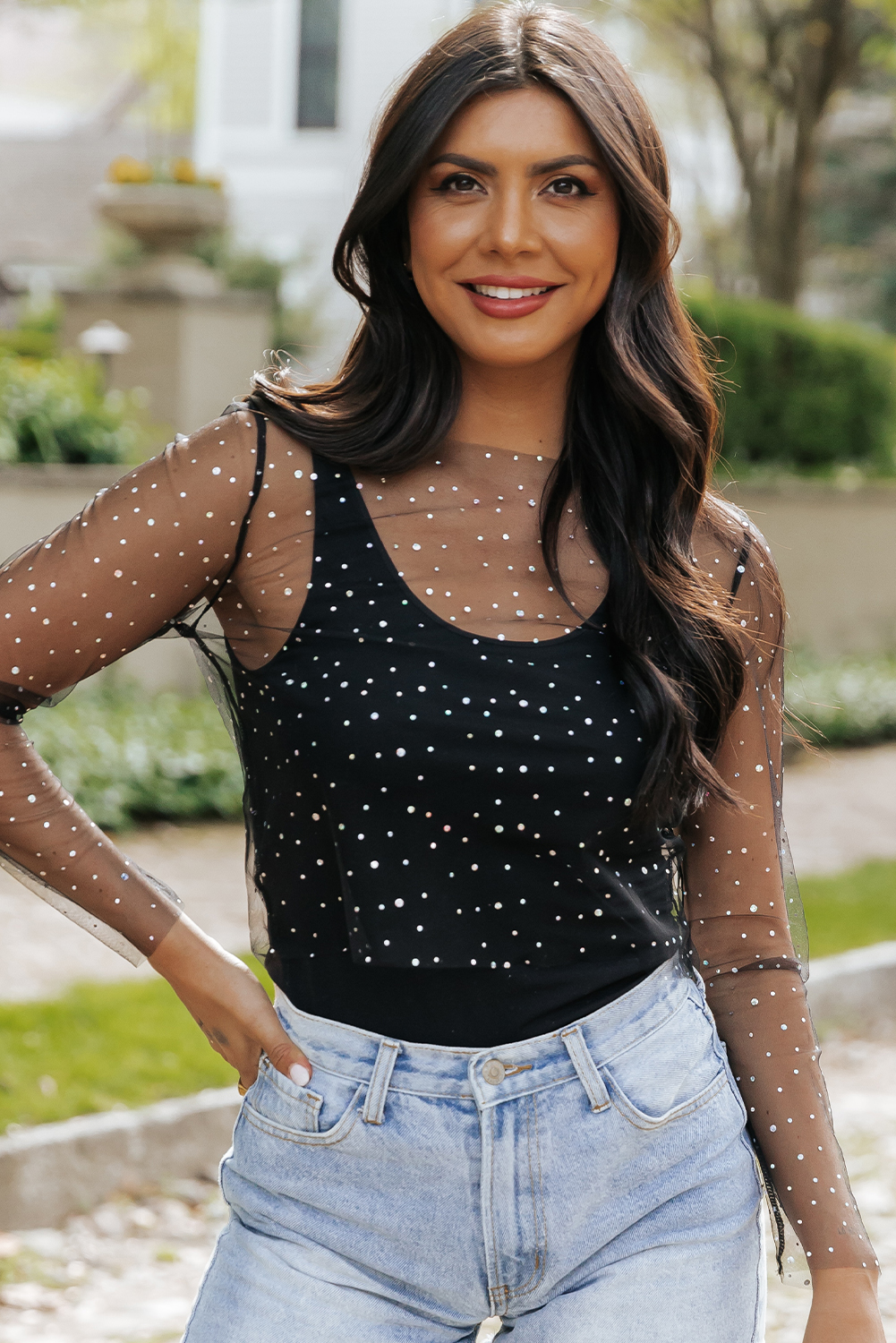 $ 2.96 - Black Rhinestone Mesh Long Sleeve Top - ds.dear-lover.com