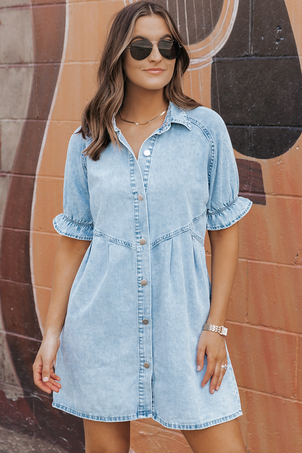 $ 21.75 - Beau Blue Mineral Wash Ruffled Short Sleeve Buttoned Denim ...