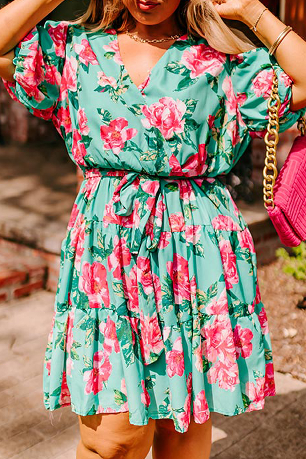 $ 18.09 - Green Floral Bubble Sleeve Surplice Ruffled Plus Size Dress ...