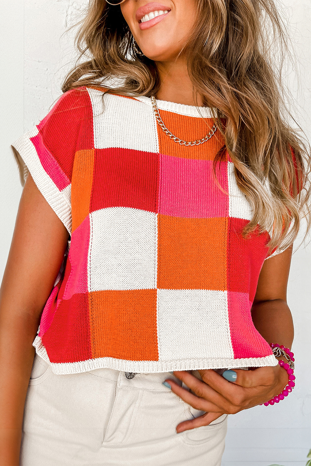 $ 12.98 - Fiery Red Color Block Cap Sleeve Sweater - ds.dear-lover.com