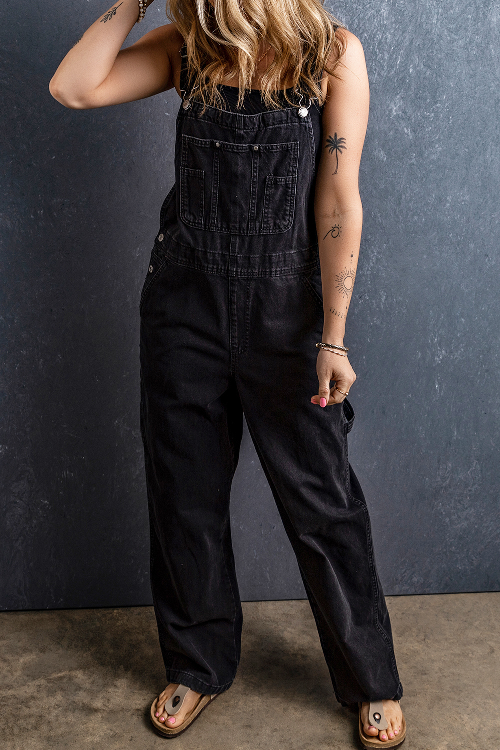 $ 25.5 - Black Adjustable Buckle Straps Multi Pocket Denim Overalls ...