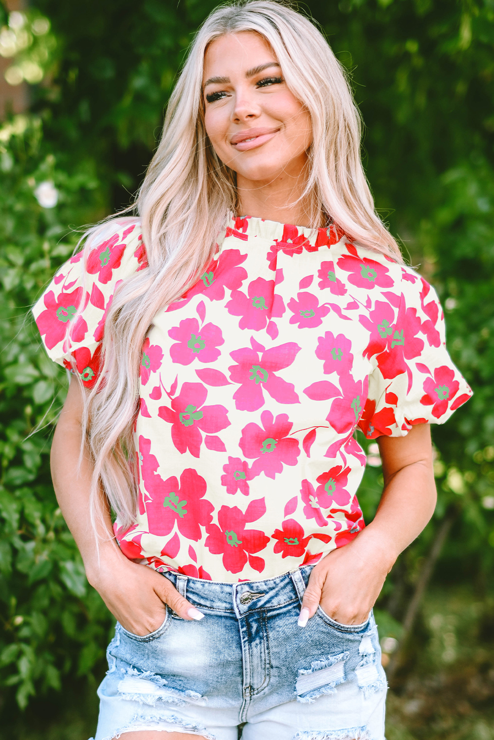 $ 10.79 - Beige Floral Puff Sleeve Frilled Neckline Blouse - ds.dear ... $ 10.79 - Beige Floral Puff Sleeve Frilled Neckline Blouse - ds.dear ...