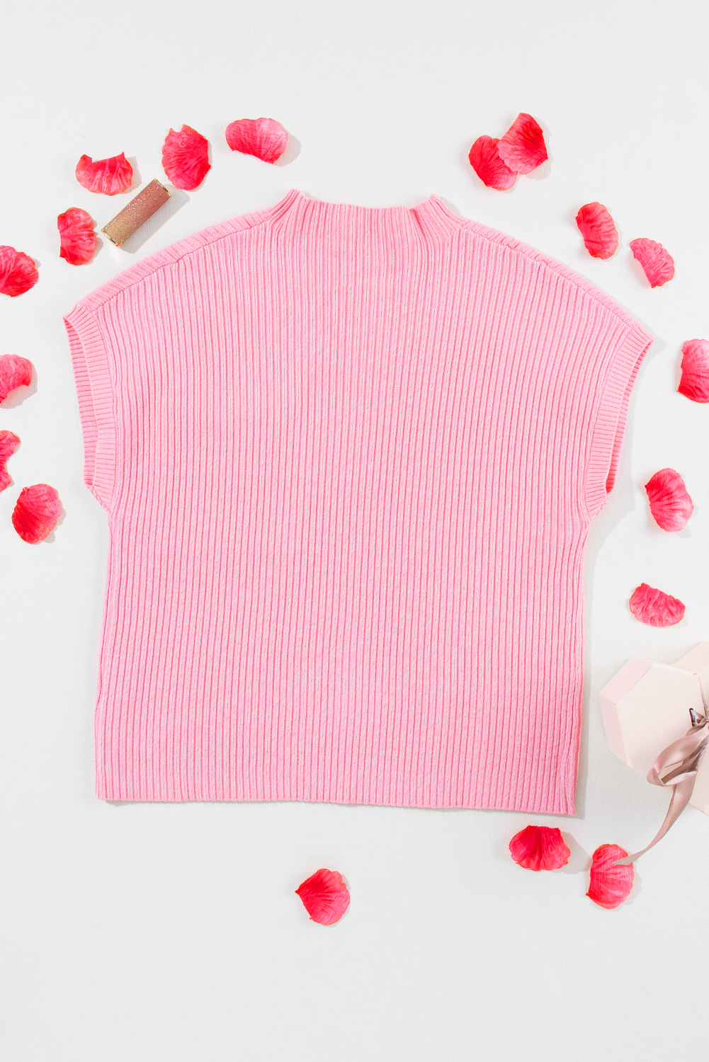 $ 12.79 - Pink Patch Pocket Ribbed Knit Short Sleeve Sweater - ds.dear ...